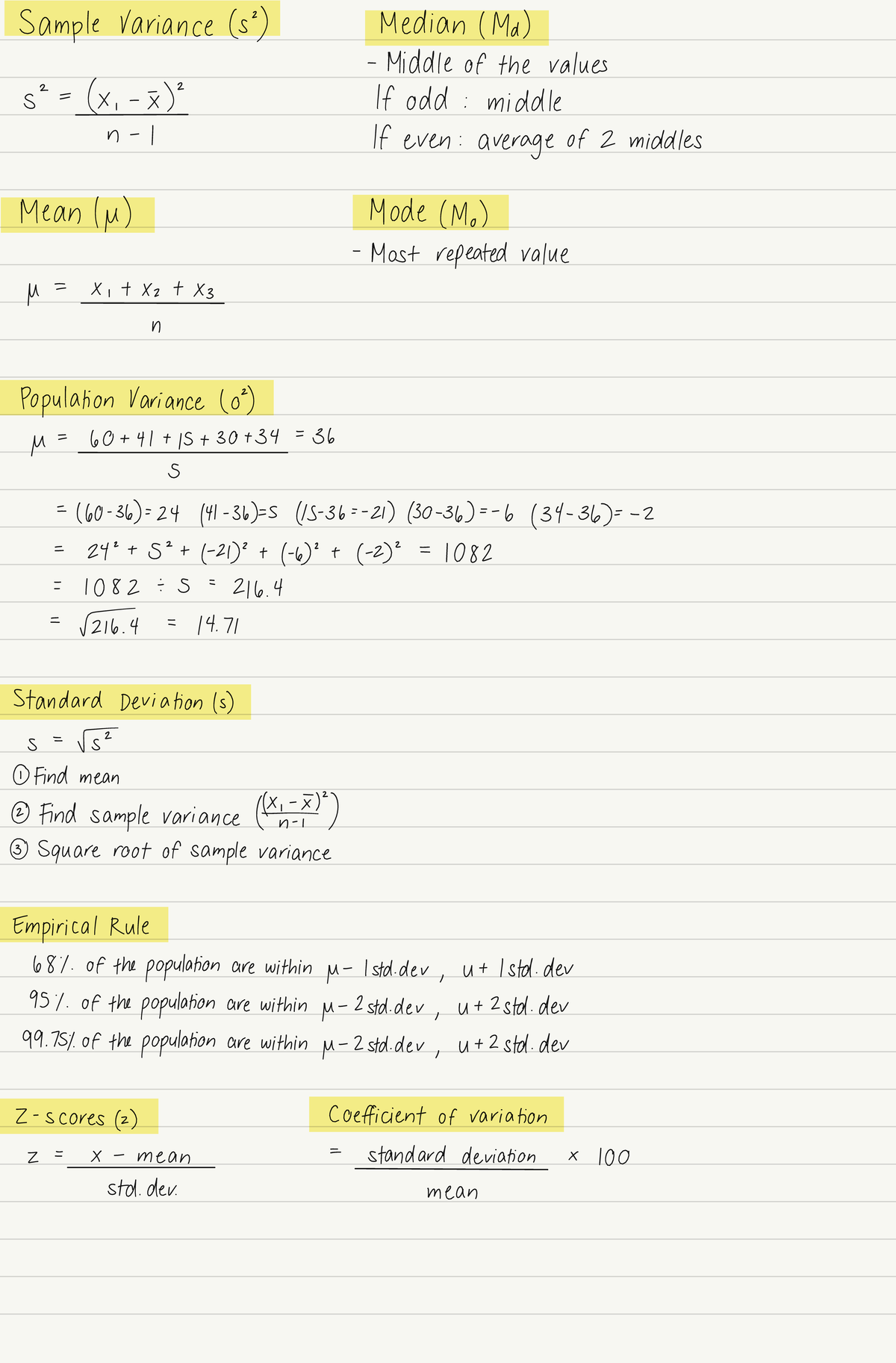 COMM 214 Formulas: Sample Variance, Mean, and Standard Deviation - Studocu