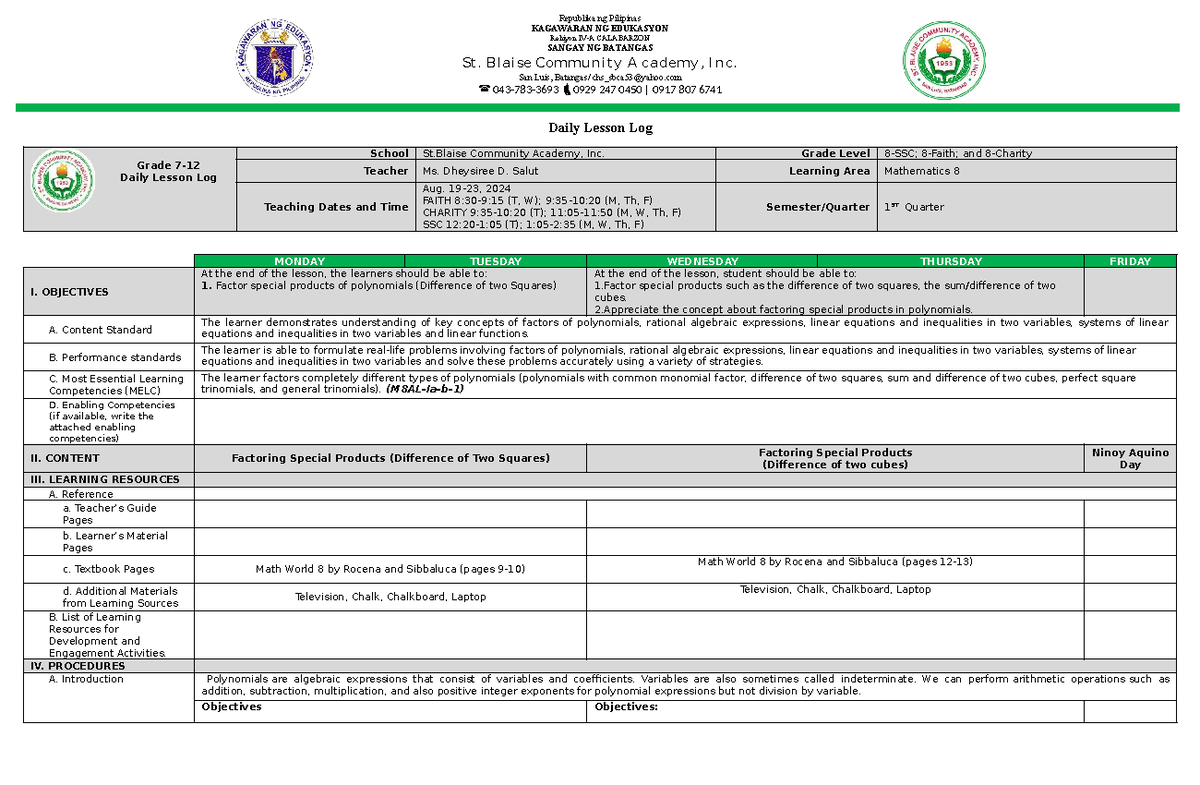Daily Lesson Log for Grade 8 Math: Factoring Polynomials (Q1) - Studocu