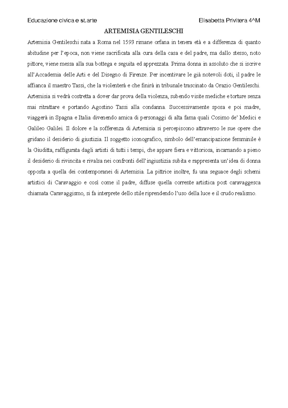 Educazione Civica: Artemisia Gentileschi e il Caravaggismo - Studocu