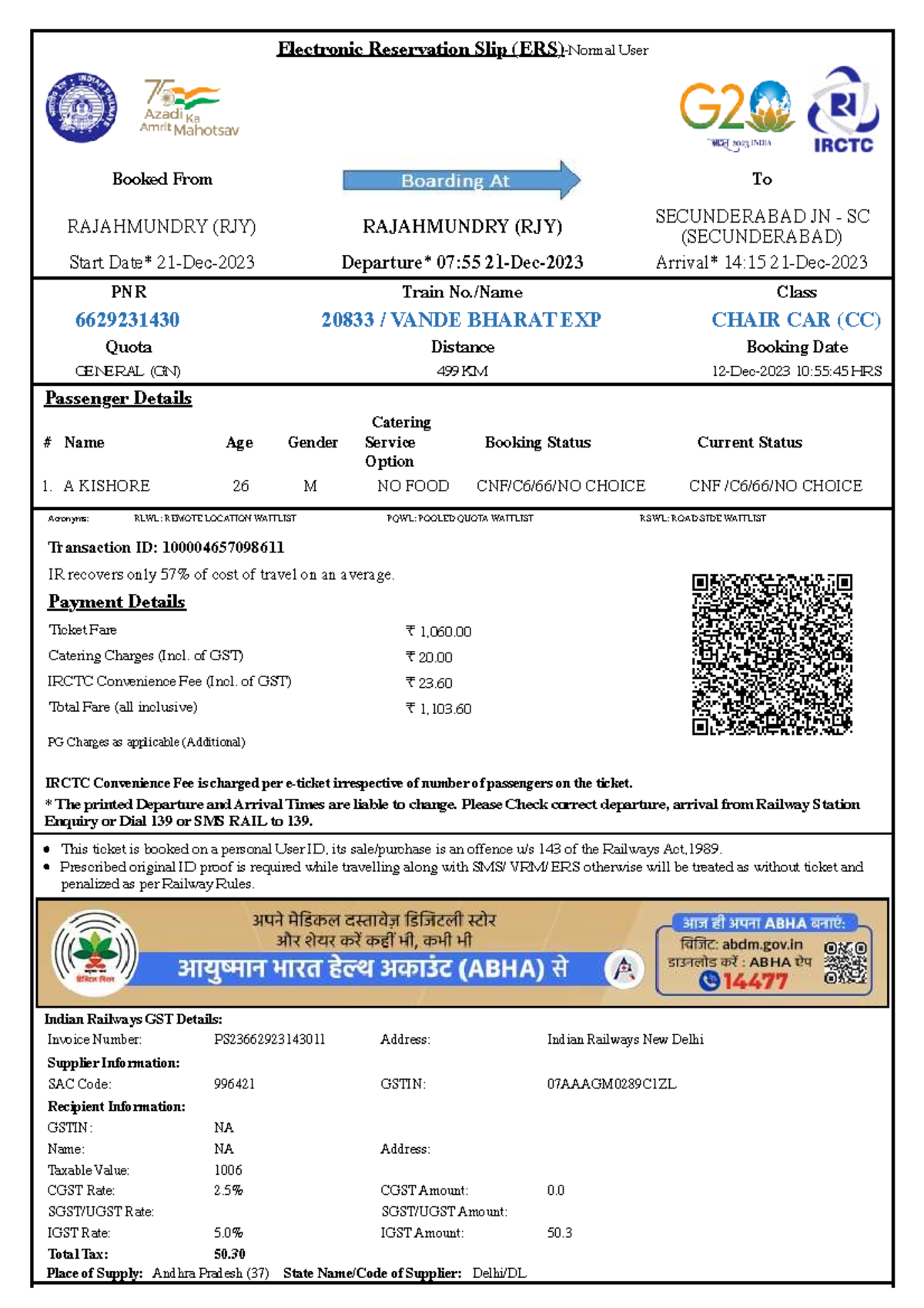 Electronic Reservation Slip for Train 20833 - RJY to SC - Studocu