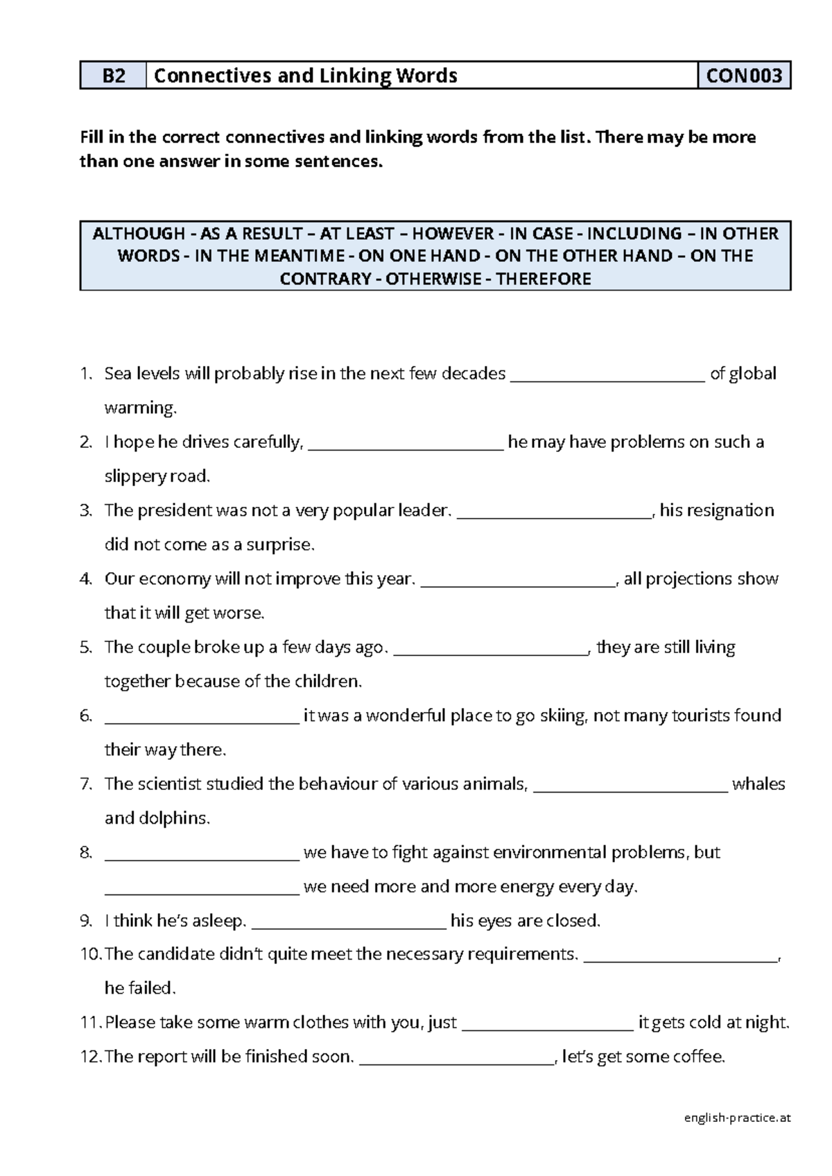 B2 English Practice: Connectives and Linking Words Exercise - Studocu