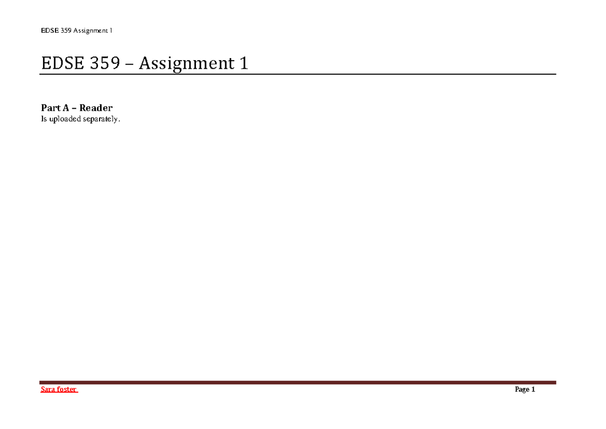 EDSE359 Assignment 1 une - EDSE 359 – Assignment 1 Part A – Reader Is ...