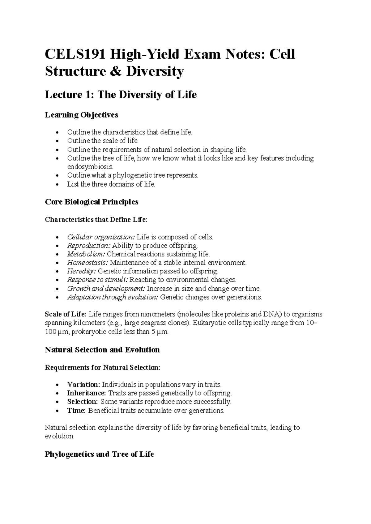 CELS191 High-Yield Exam Notes: Cell Structure & Diversity - Studocu