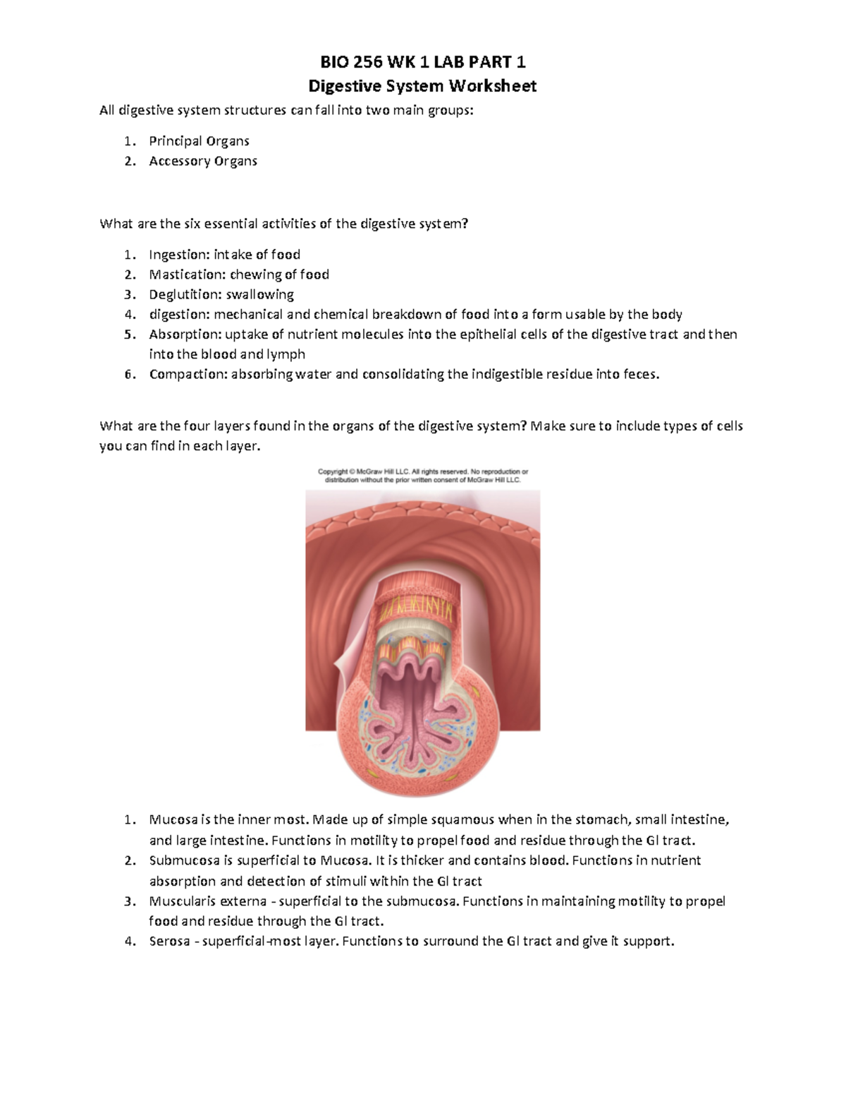 Part 1 lab - week 1 lab pt 2 - BIO 256 WK 1 LAB PART 1 Digestive System Worksheet All digestive ...