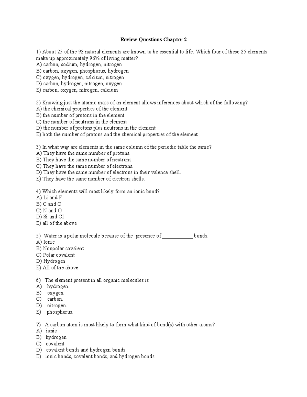 Review Questions for Biological Chemistry - CH2 Exam Prep - Studocu