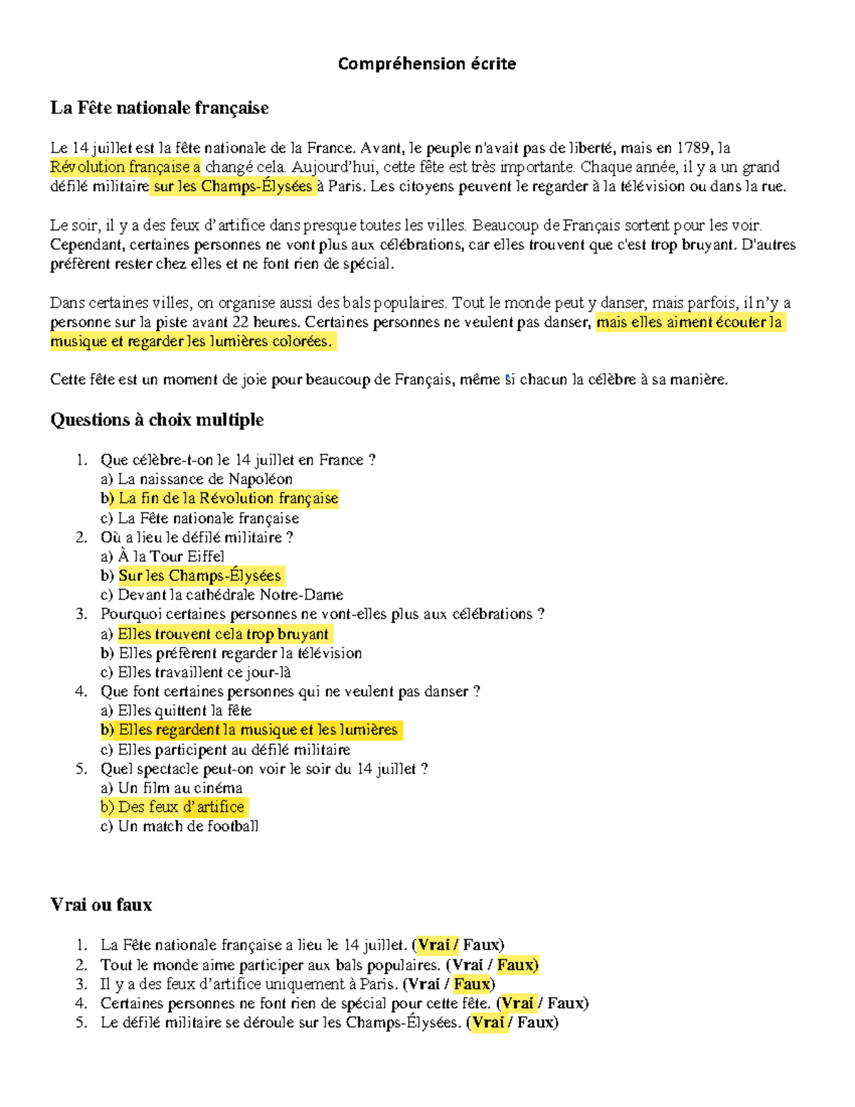 Compréhension écrite : La Fête nationale française - 14 juillet Quiz ...