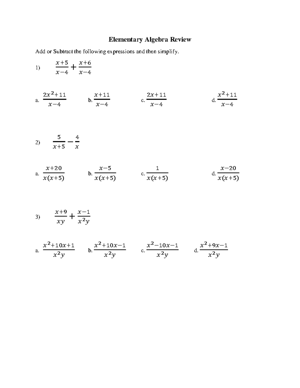 Elementary Algebra (MATH101) Placement Test Practice Exercises - Studocu
