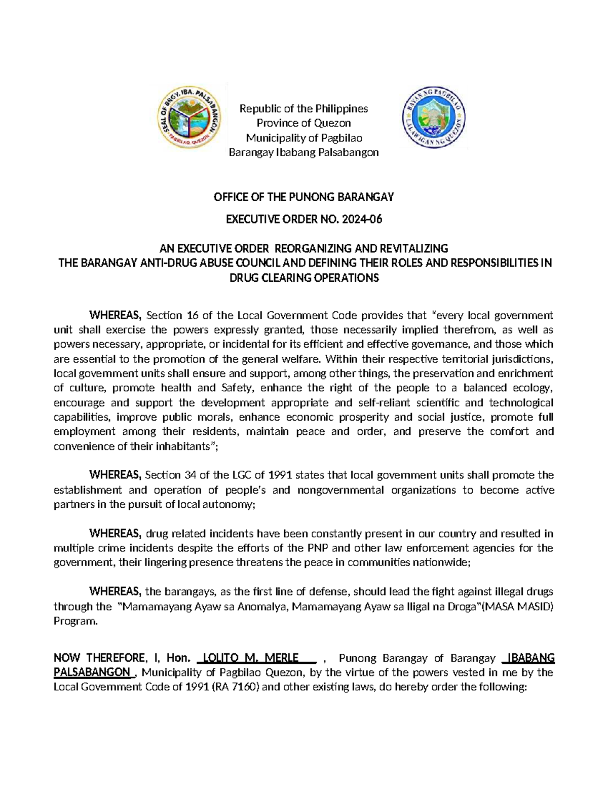 EO-06: Reorganizing the Barangay Abuse Council for Drug Clearing ...