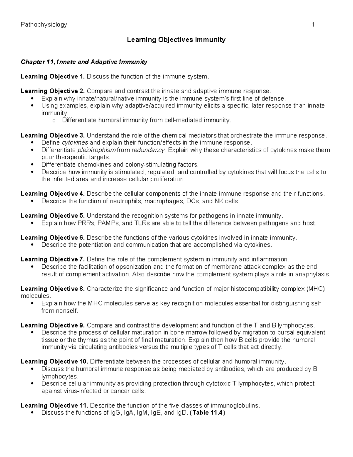 Pathophysiology 1: Learning Objectives for Chapter 11 - Immunity - Studocu