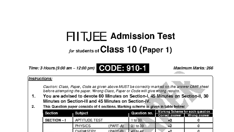 Sample Paper - FIITJEE Admission Test Class 10 (Paper 1) Code: AT-2324 ...