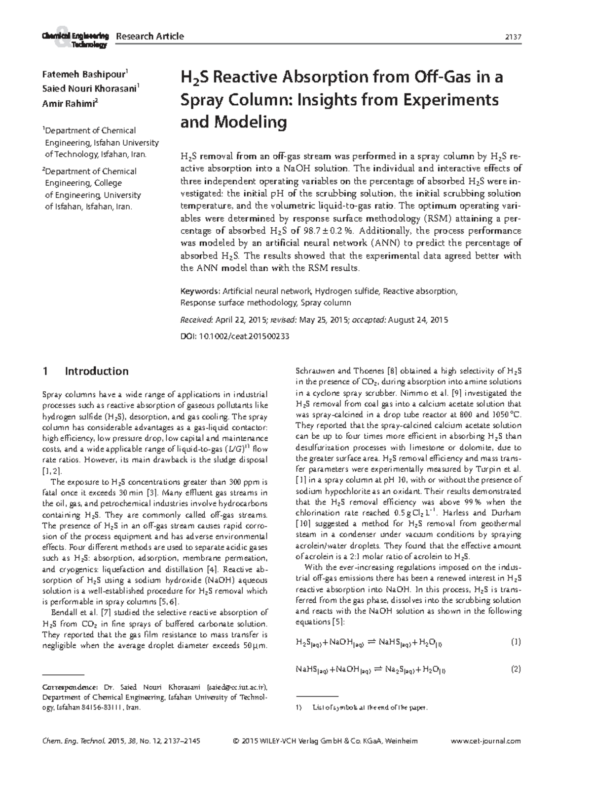 H2S Reactive Absorption in Spray Column: RSM & ANN Insights (Chem. Eng ...