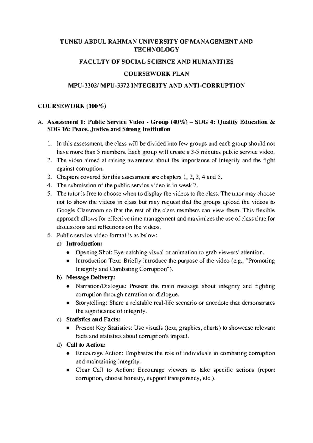 MPU-3302/ MPU-3372 Coursework Plan for 202401: Integrity & Anti-Corruption - Studocu