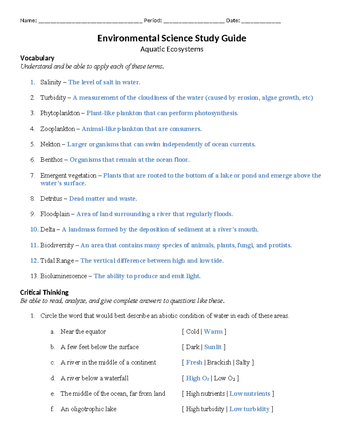 06 - Aquatic Ecosystems Study Guide Vocabulary & Key - Studocu