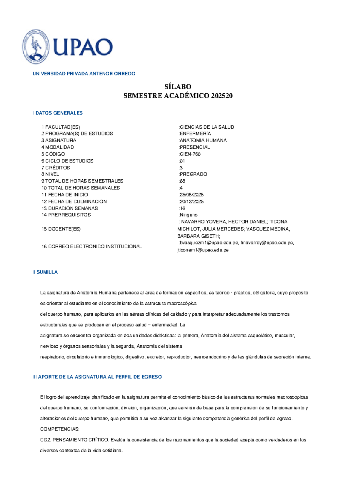 Sílabo de Anatomía Humana - ENF 202520 I - Universidad Privada Antenor ...