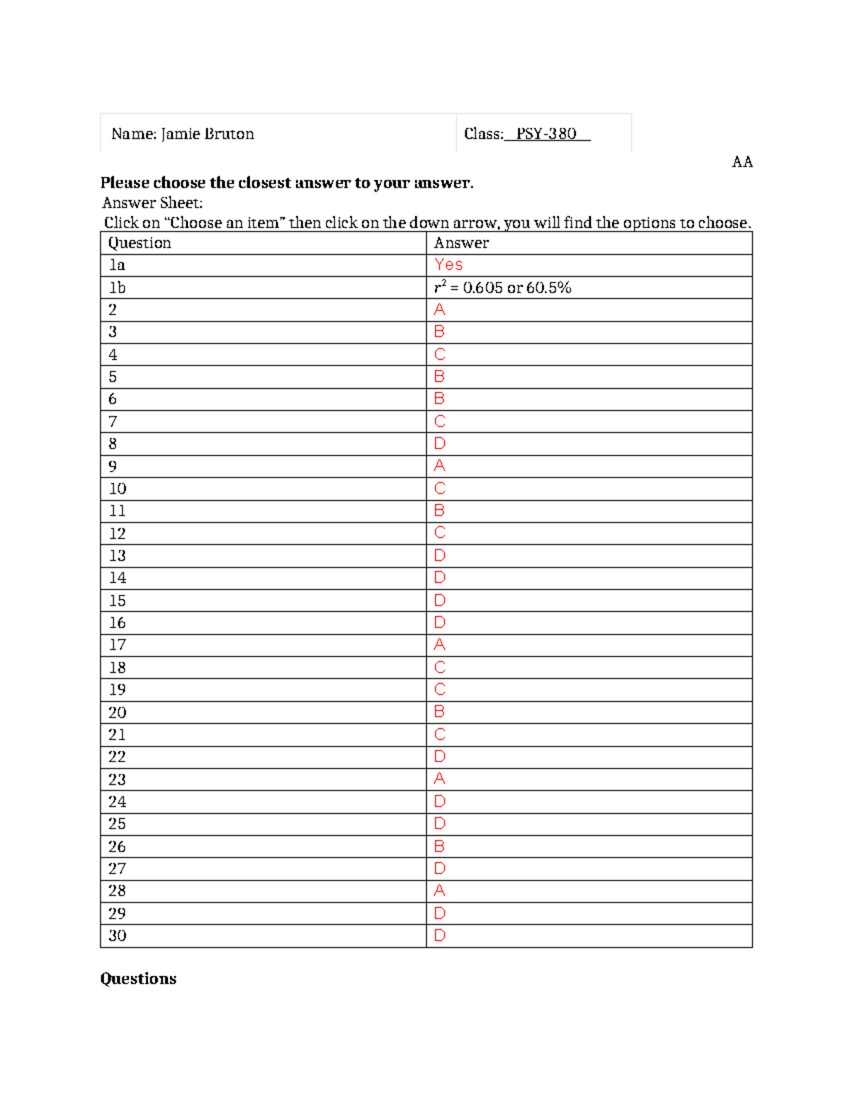 Mid Term Exam Jamie Bruton - Name: Jamie Bruton Class: PSY- AA Please ...