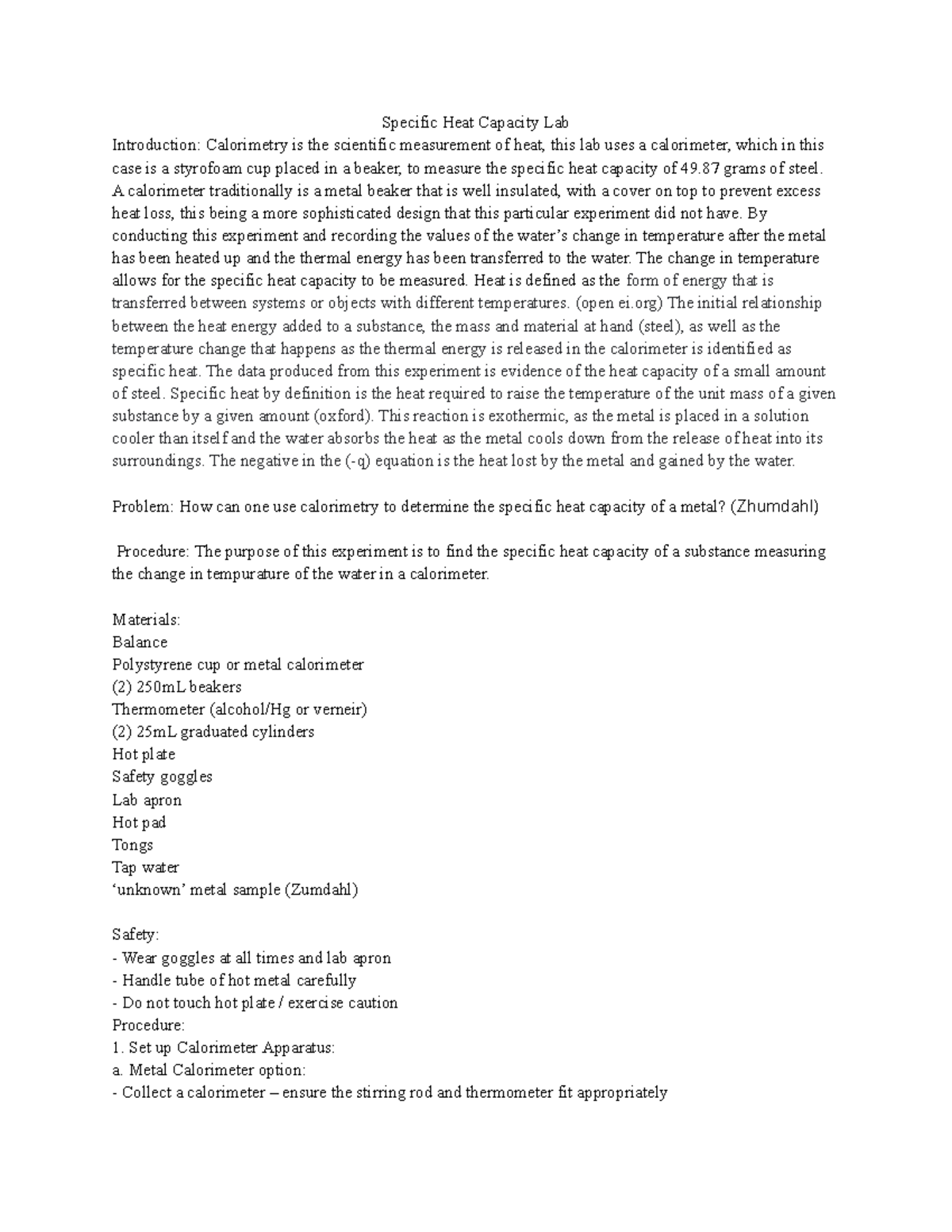 Grade 11 Energy Lab - Specific Heat Capacity Lab Introduction ...