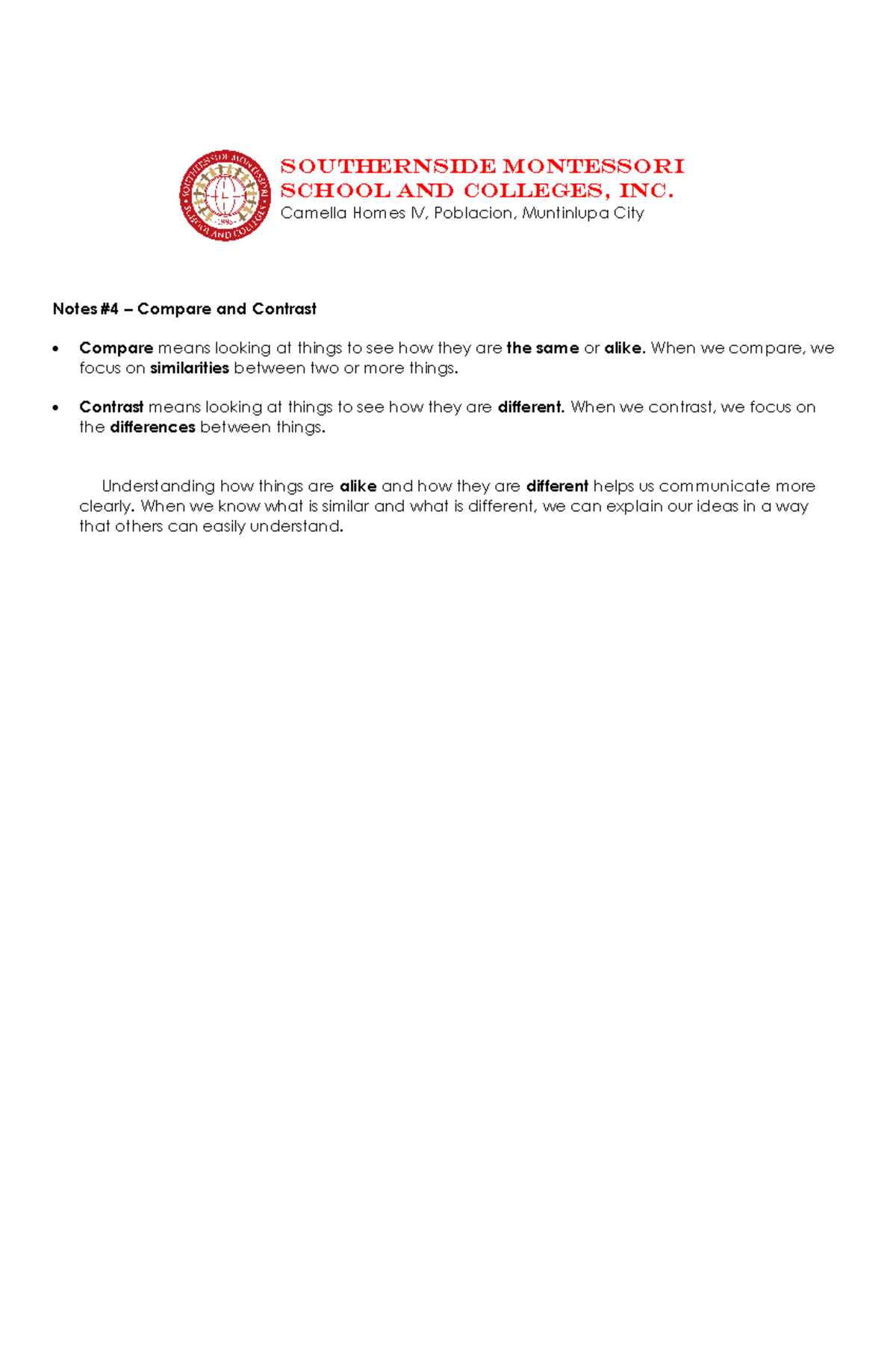 SOUTHERNSIDE MONTESSORI SCHOOL: Compare & Contrast Notes - Studocu