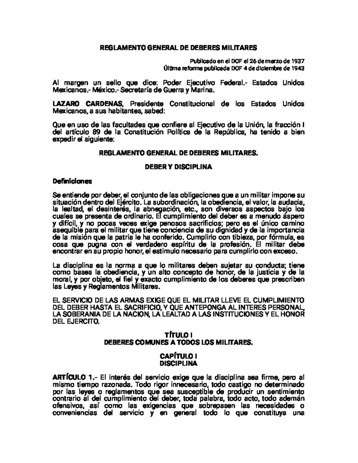 Reglamento General de Deberes Militares (DOF 1937) - Studocu