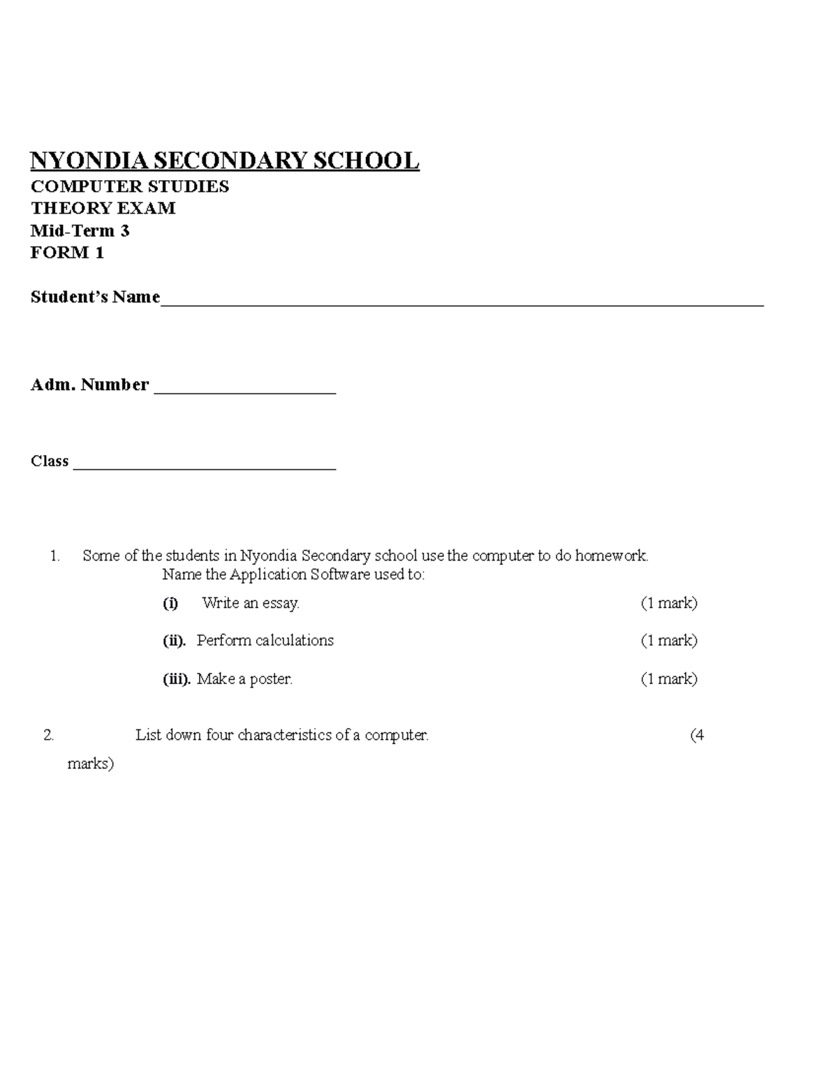 Computer Studies Mid-Term 3 Exam for Form 1 Students - Studocu