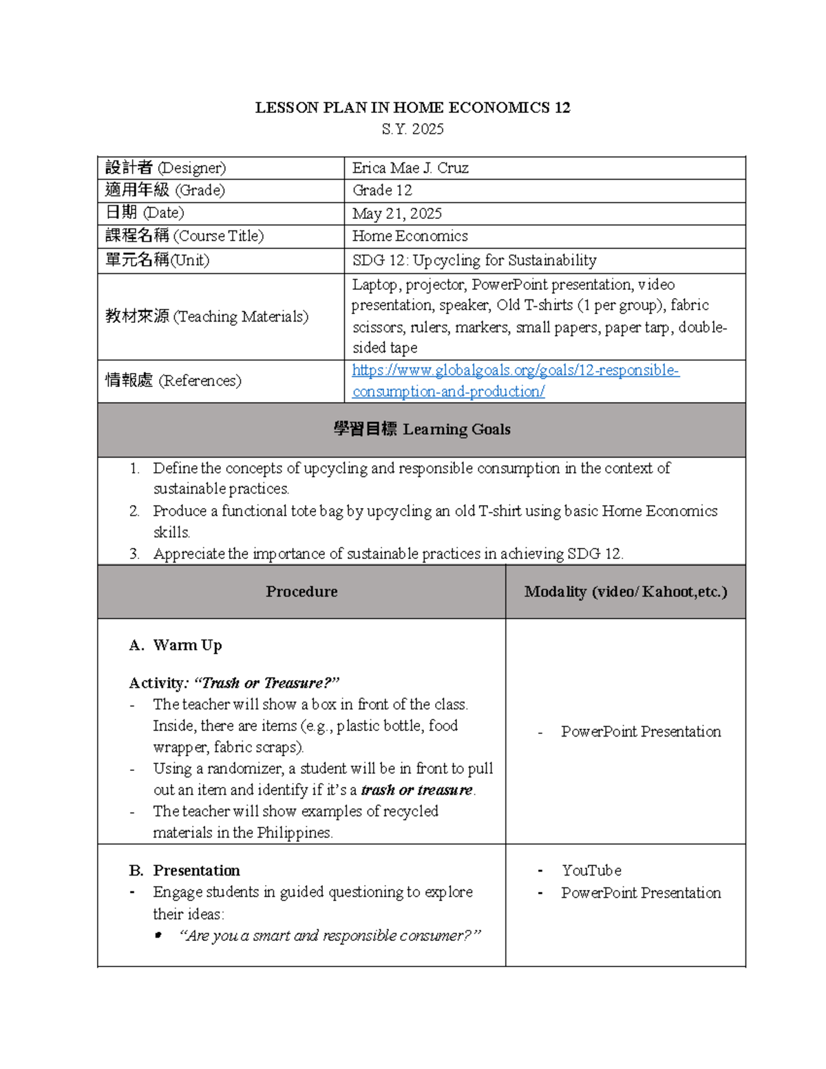 LESSON PLAN: UP-CYCLING FOR SUSTAINABILITY (HOME ECON 12) - Studocu