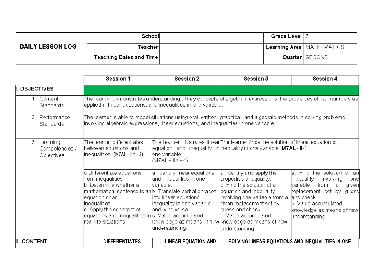 WEEK 8 - Daily Lesson Log for Grade 7 Mathematics - Studocu
