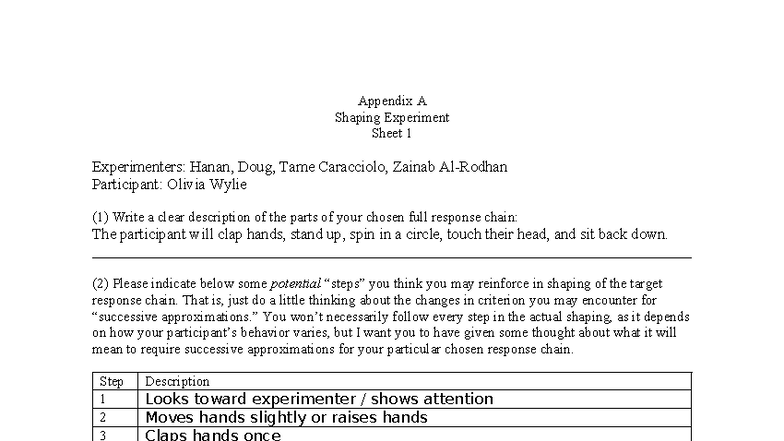 Shaping Experiment Activity Sheets (Appendix A & B) - Studocu