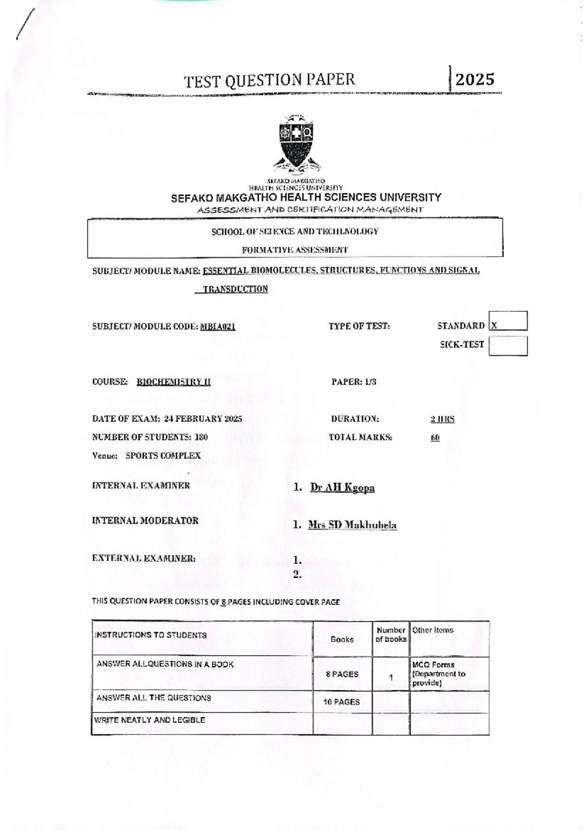 Biochemistry II Test 1 (MBIA021) - 24 February 2025 - Studocu