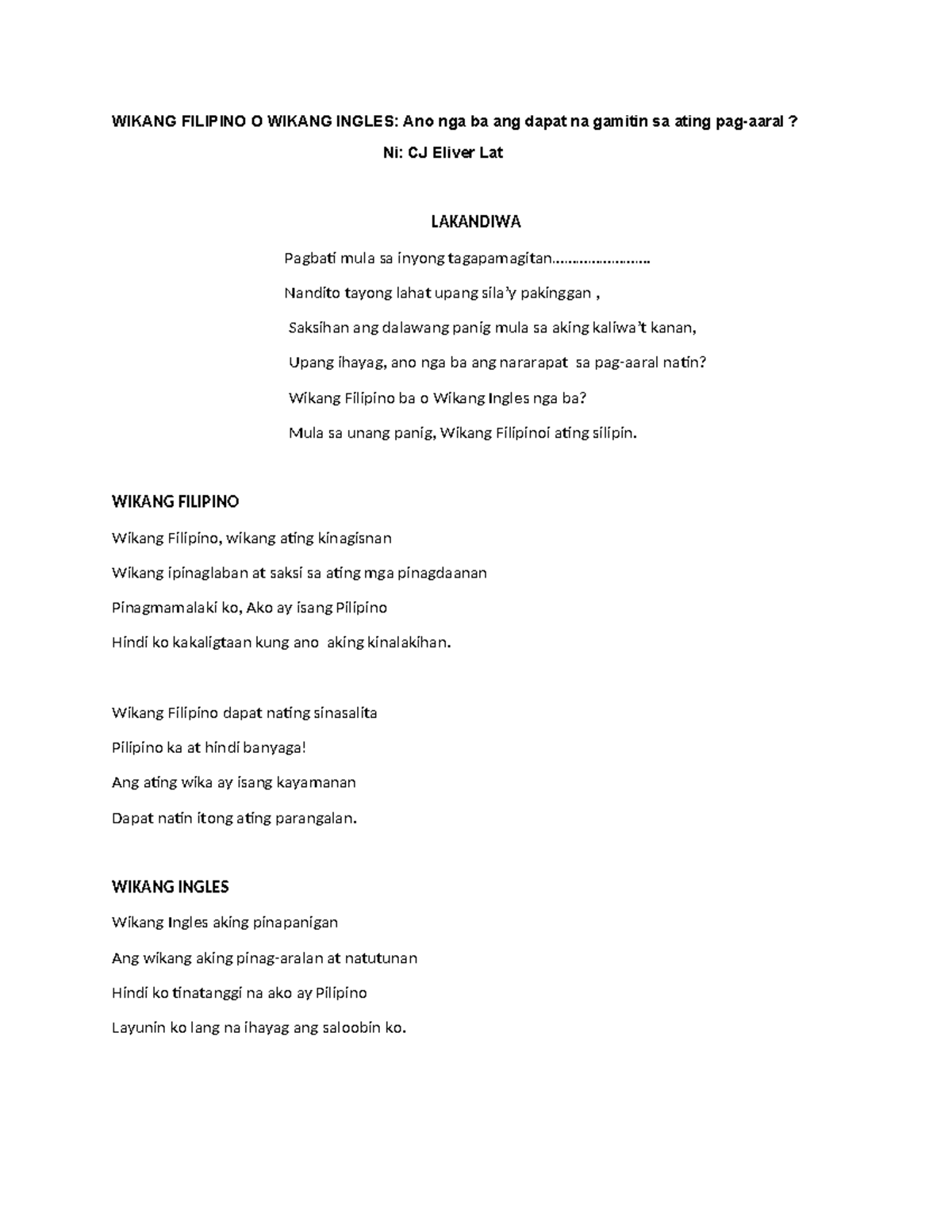 Balagtasan: Pagsusuri sa Wikang Filipino at Wikang Ingles - Studocu