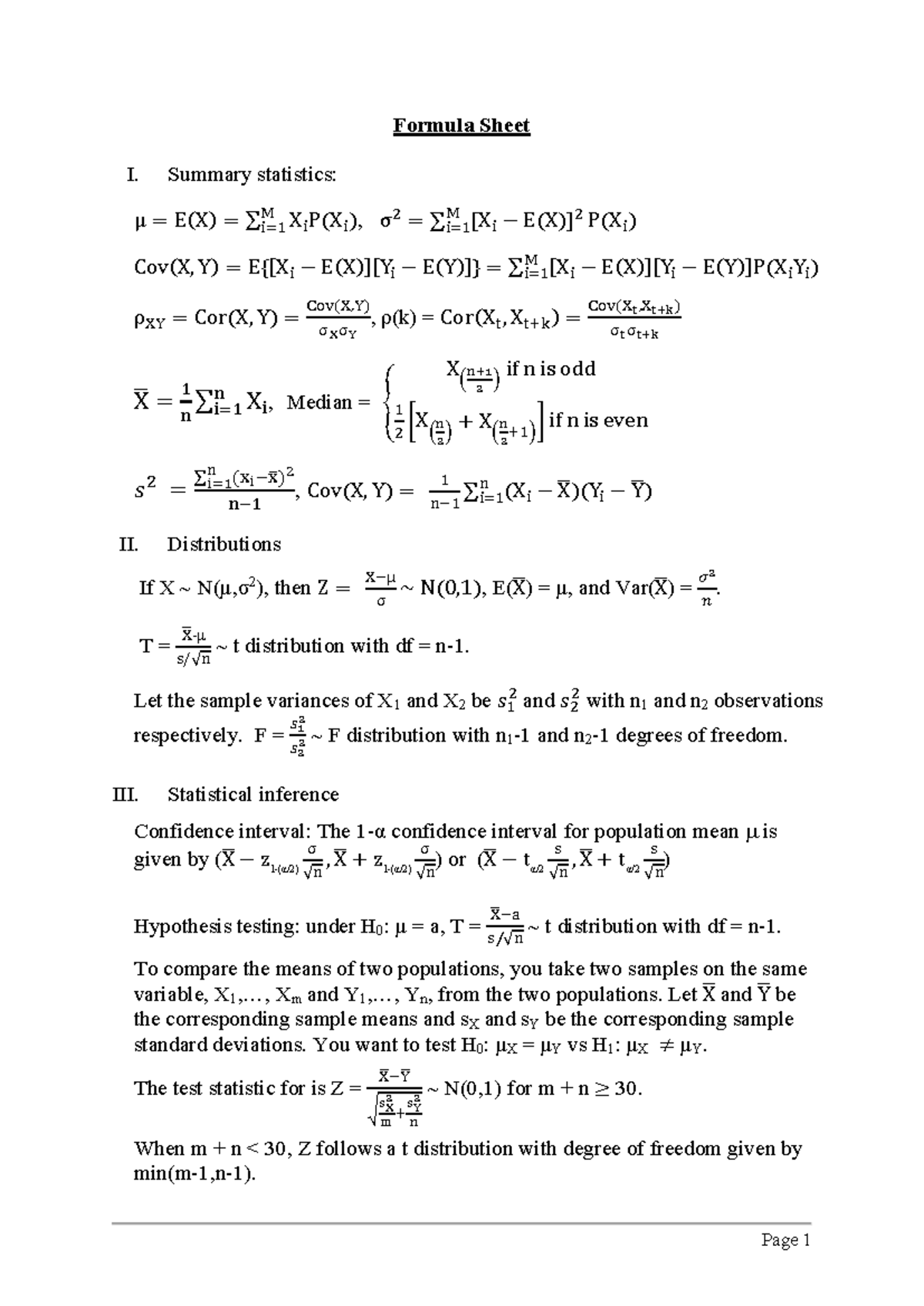 Statistical Inference Formula Sheet for Course Code STAT101 - Studocu