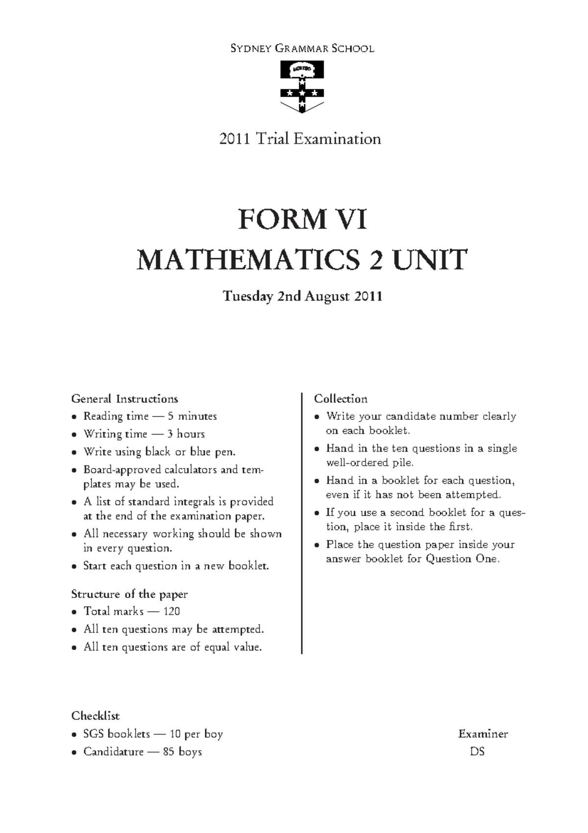 Sydney Grammar School 2011 Trial Exam Solutions - Form VI Mathematics 2 ...
