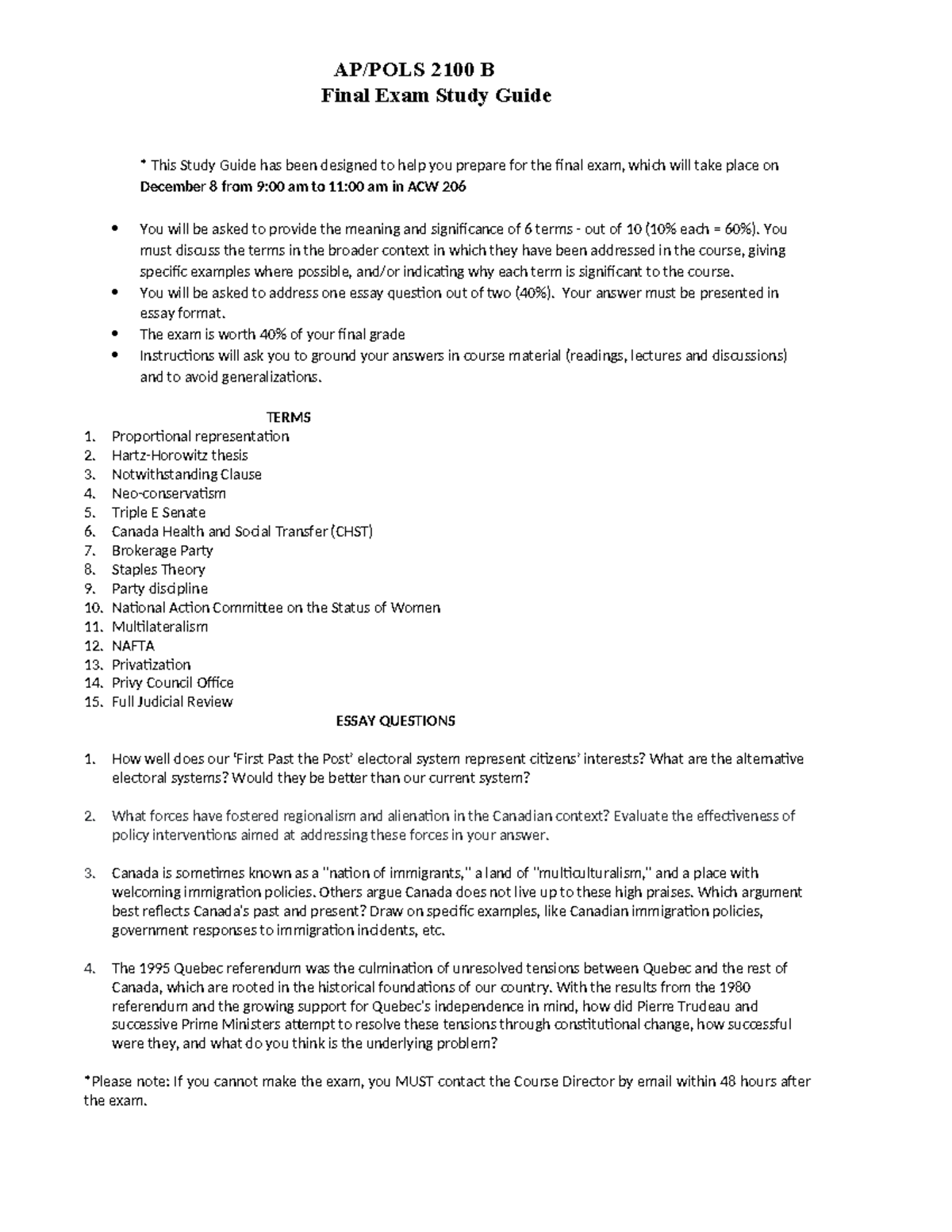 2100 B Final Exam Study Guide: Key Terms & Essay Questions - Studocu