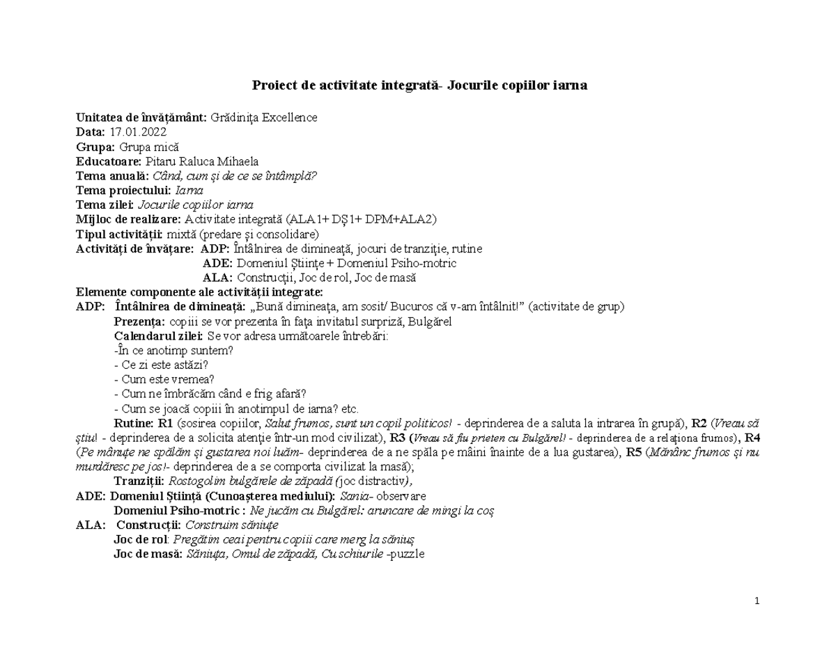Proiect de activitate integrată - Jocurile copiilor iarna (DȘ + DPM ...
