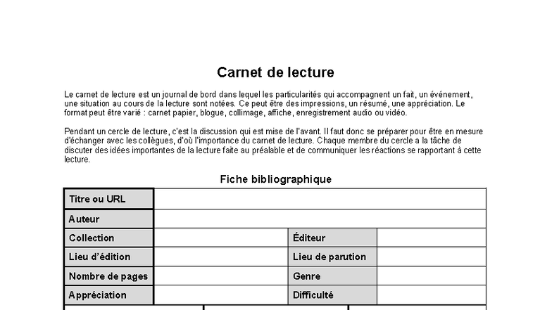 Carnet de Lecture: Guide Pratique et Fiche Bibliographique - Studocu