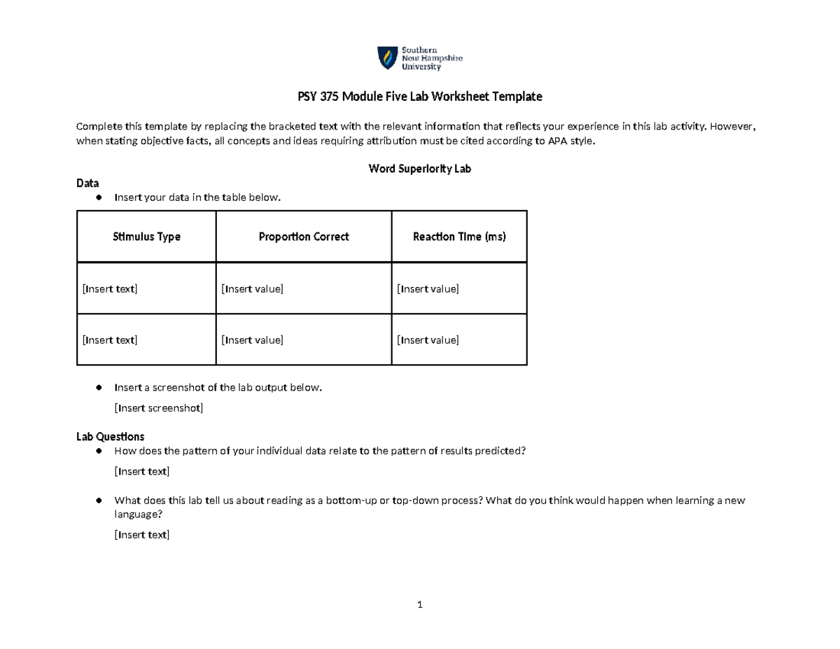 PSY 375 Module Five Lab Worksheet Template - PSY 375 Module Five Lab ...