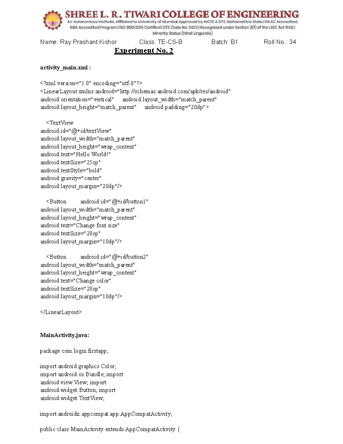 MC EXP 2 - Android Font Size and Color Change Activity - Studocu