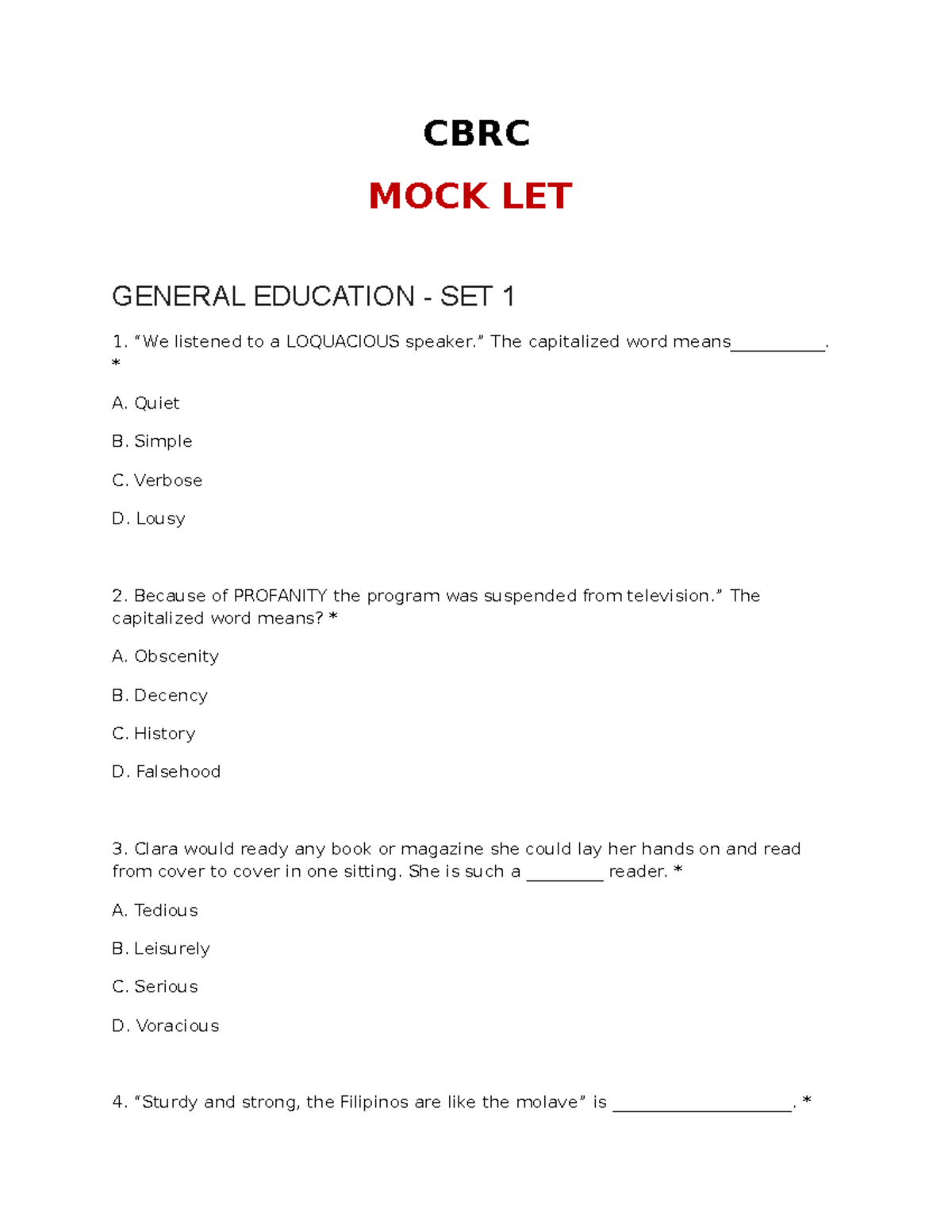 CBRC MOCK LET - General Education Practice Questions Set 1 & 2 - Studocu