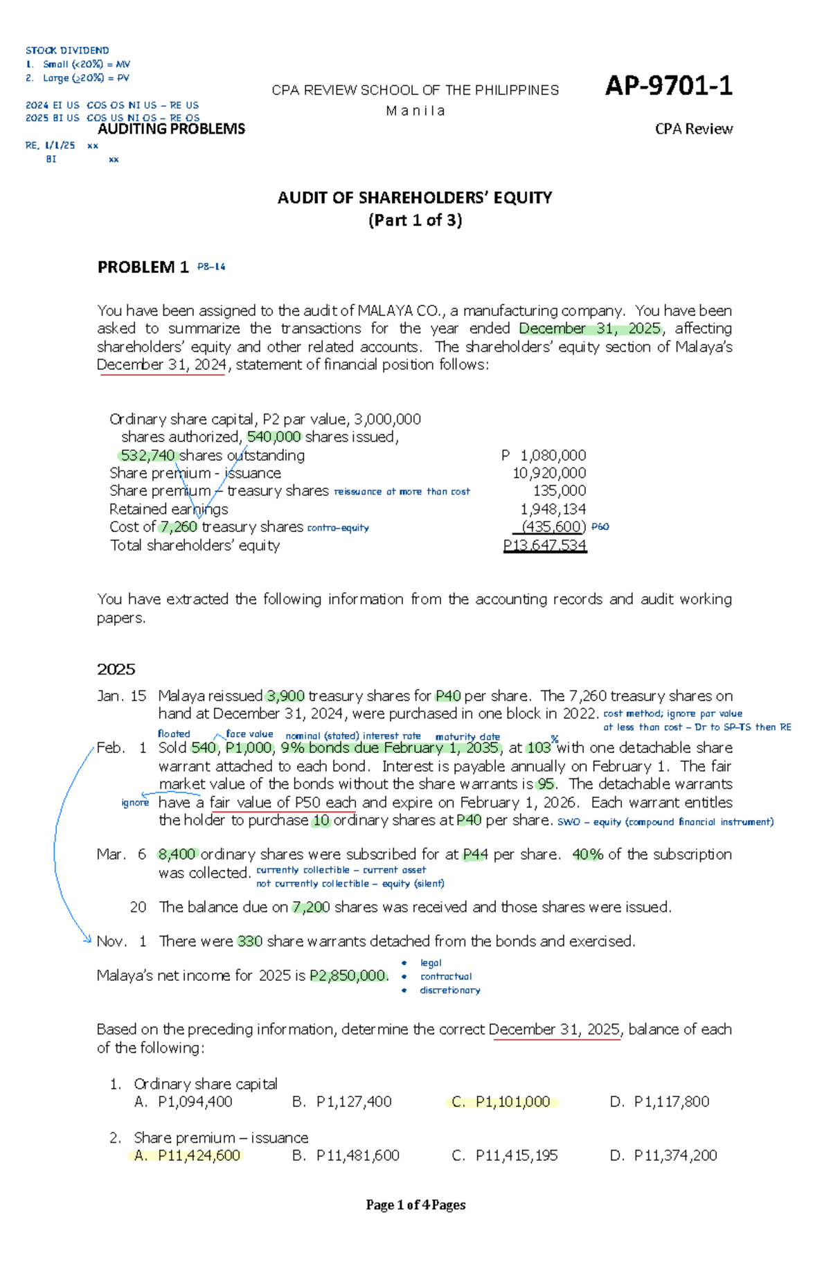 AP 9701-1 SHE: Auditing Problems on Equity Transactions - Studocu