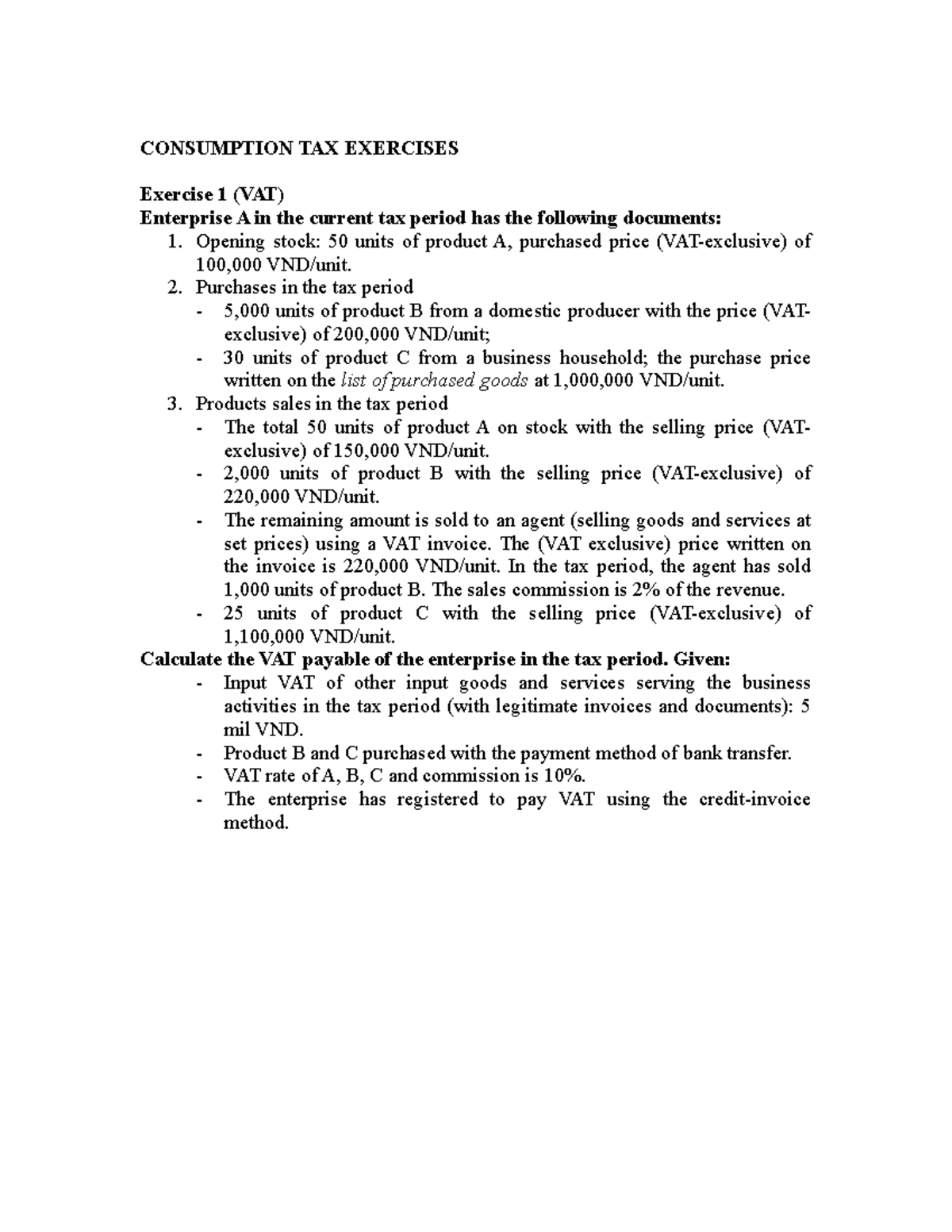 Consumption Tax Exercises: VAT and Excise Tax Calculations - Studocu