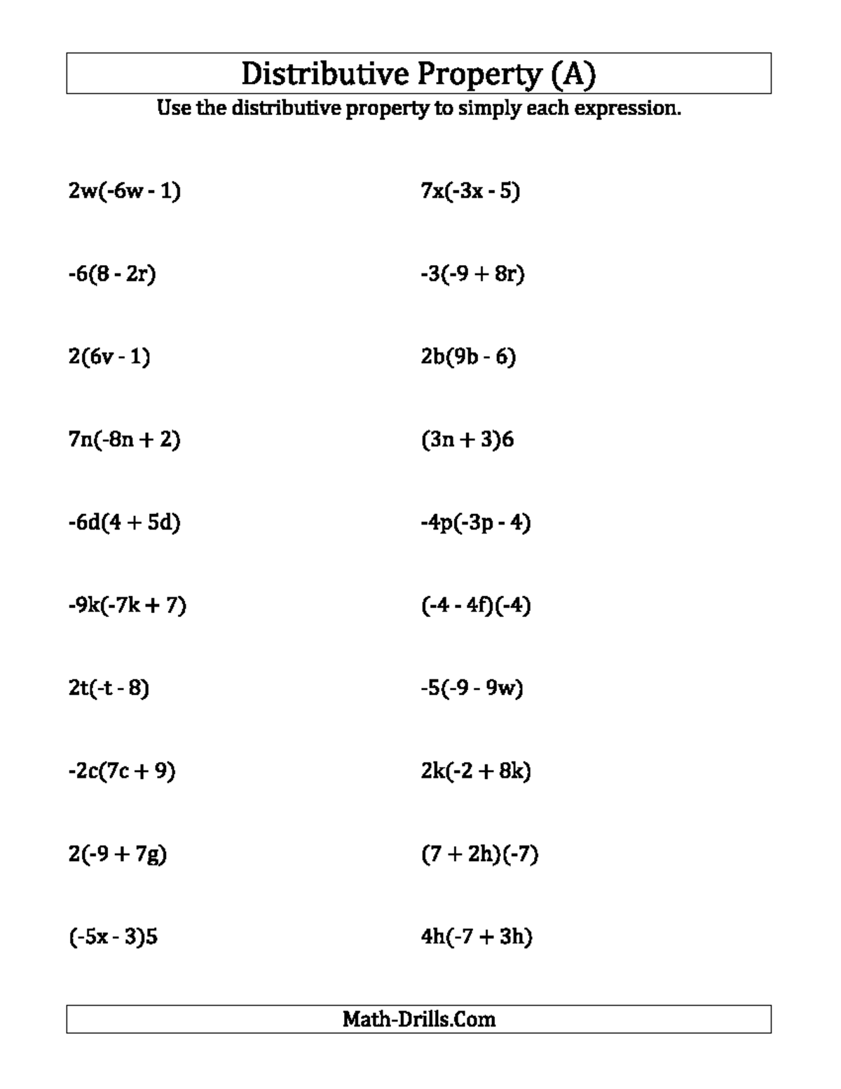 Practice Algebra Doc - Distributive Property (A) Use the distributive ...