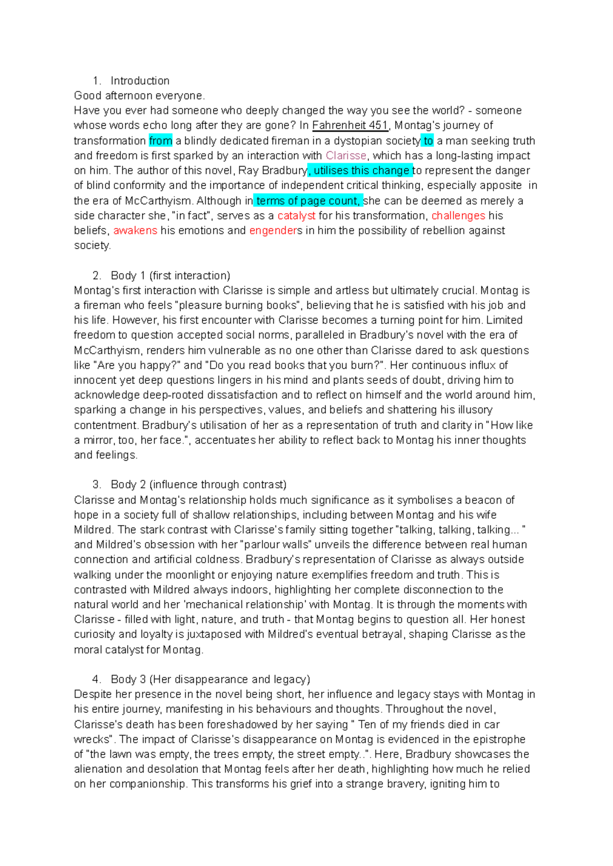 Fahrenheit 451: The Transformative Influence of Clarisse - Studocu