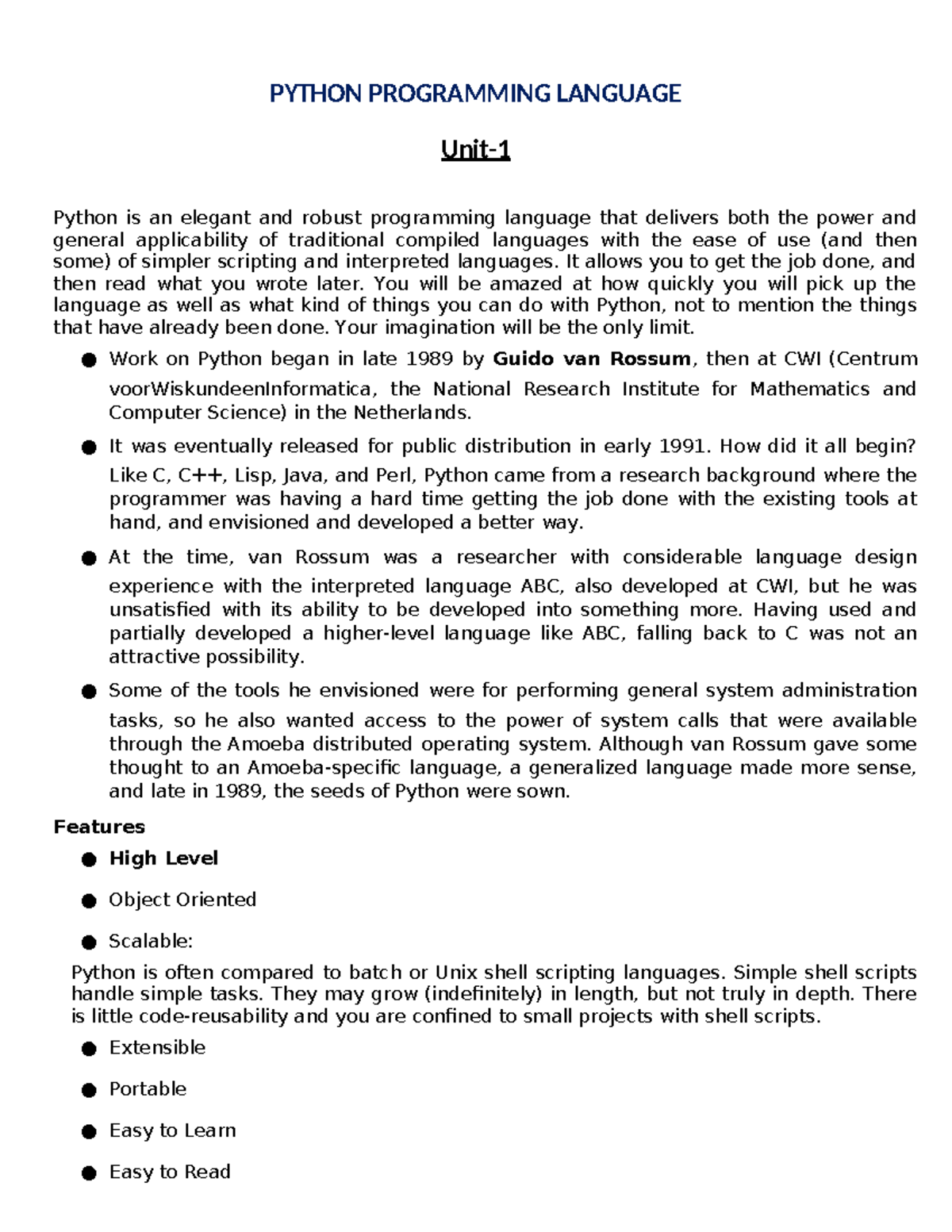 Python notes unit1 - ......... - PYTHON PROGRAMMING LANGUAGE Unit ...