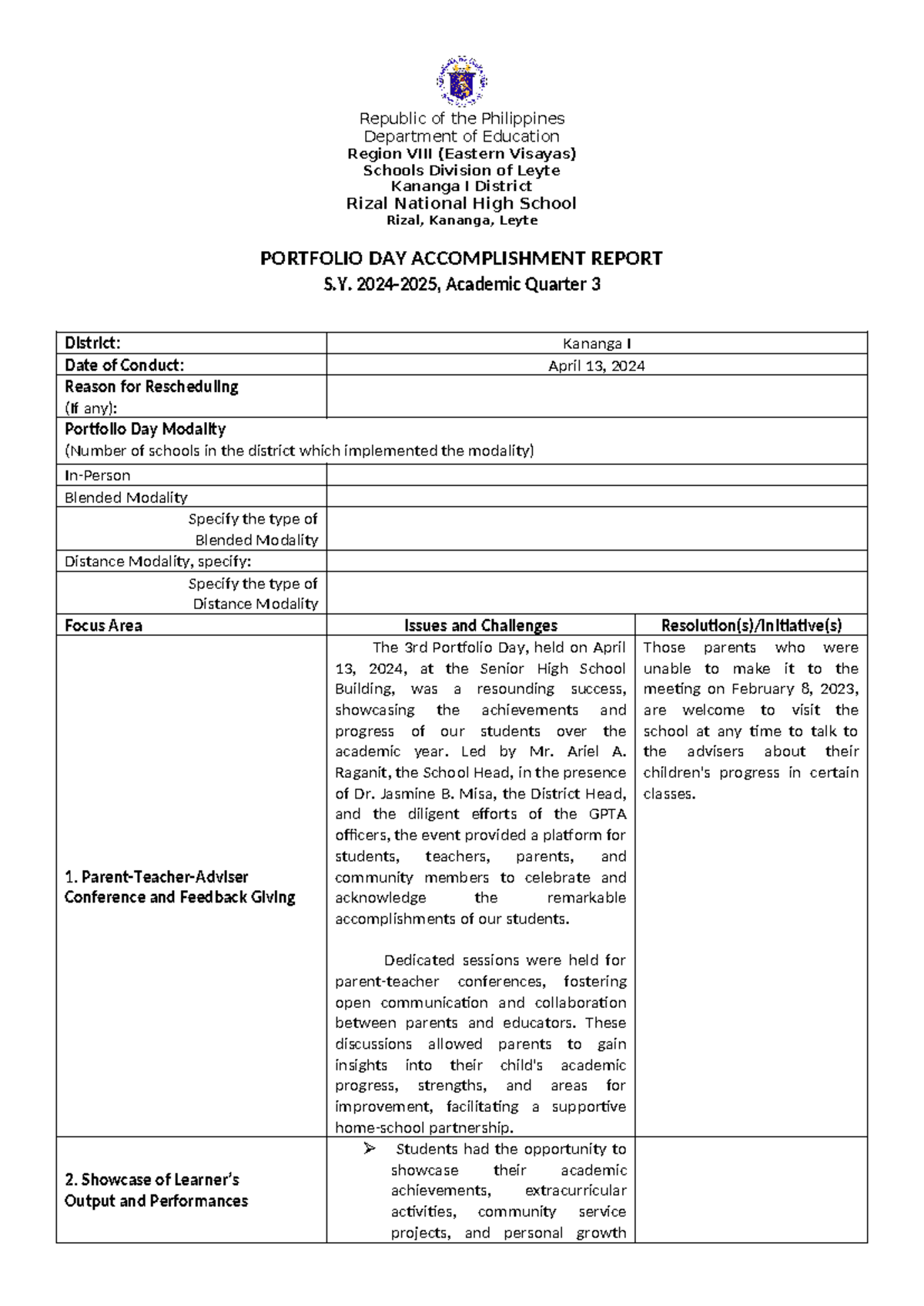 3rd Quarter Portfolio Day ACR 2024-2025 at Rizal National HS - Studocu