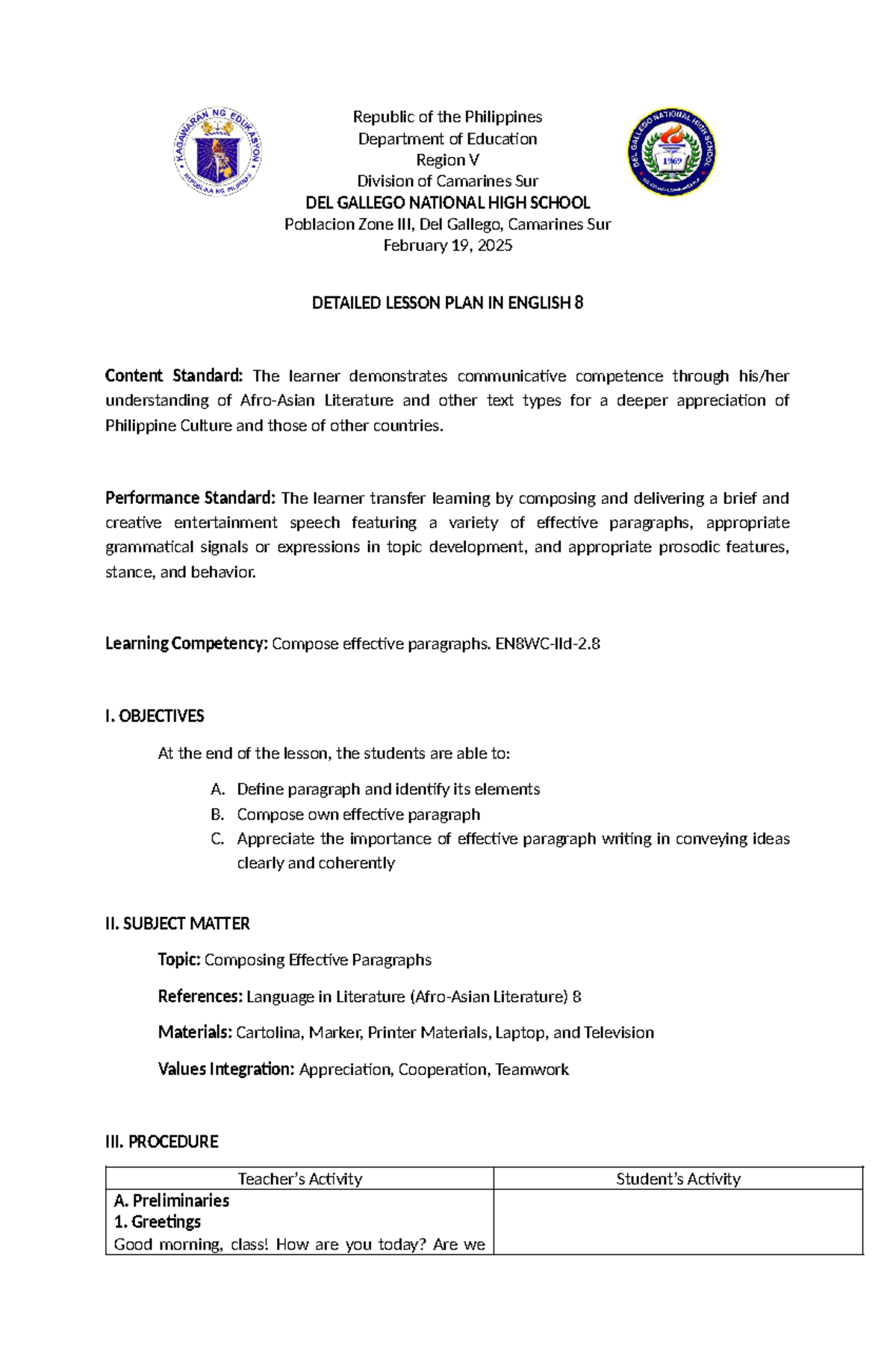 DLP ENG 8 2 - Composing Effective Paragraphs Lesson Plan - Studocu