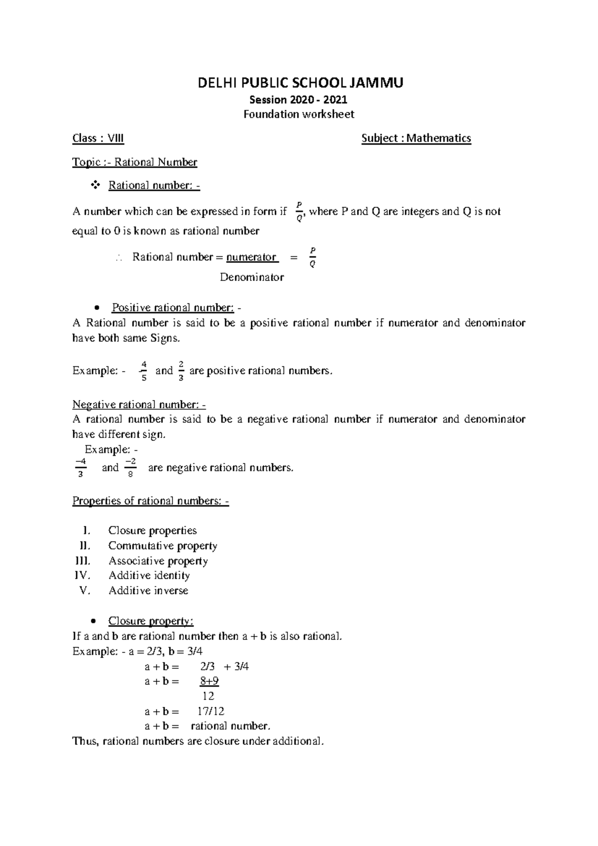 Mathematics Worksheet: Rational Numbers - Class 420203054993 - Studocu