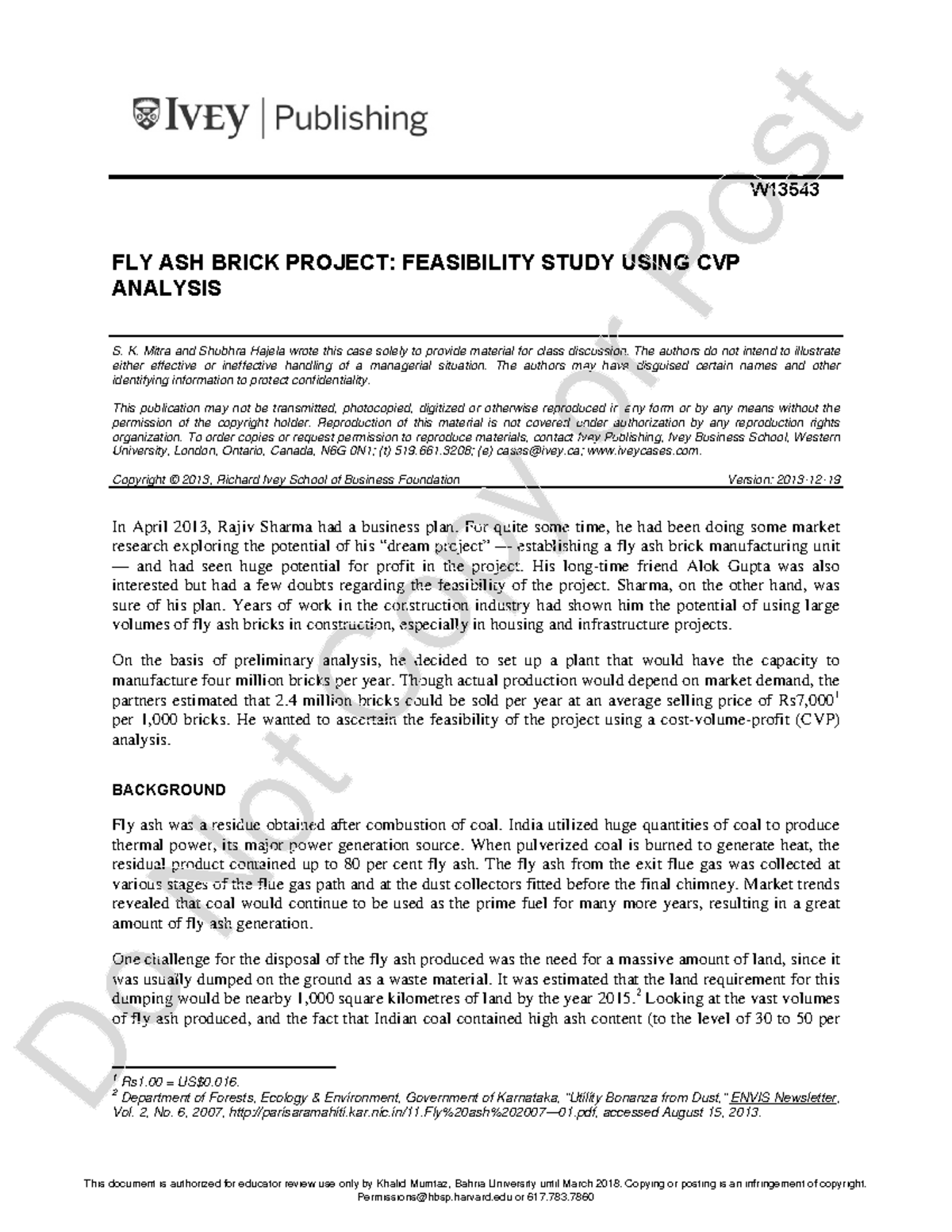 W13543 Fly Ash Brick Project: CVP Feasibility Study Analysis - Studocu