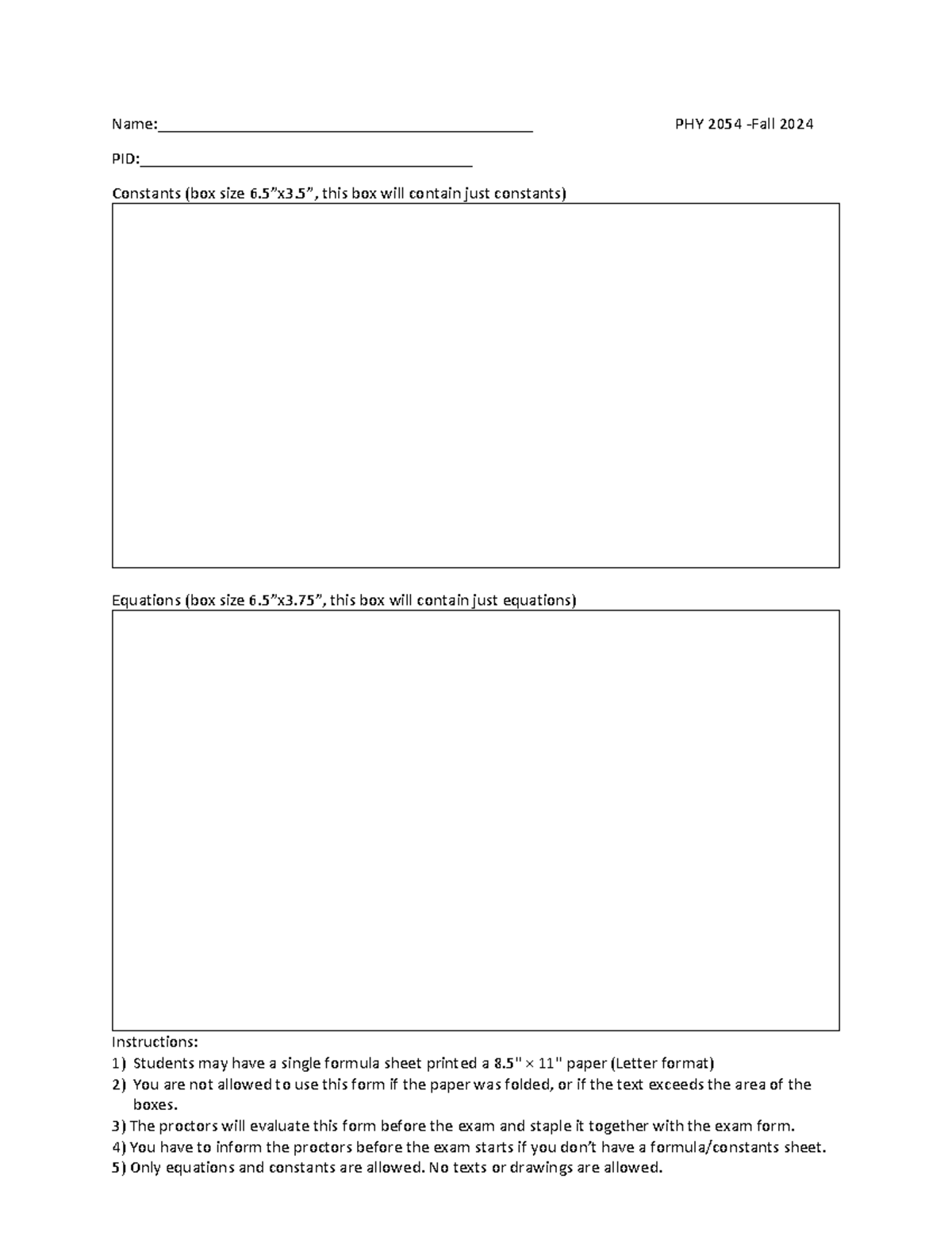 PHY 2054 Midterm Exam Formula Sheet: Constants & Equations - Studocu
