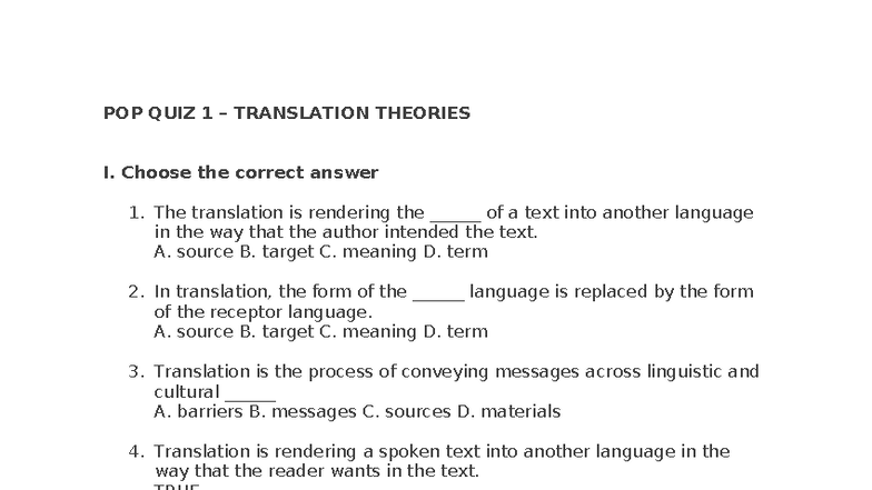 POP QUIZ 1 & 2: TRANSLATION THEORIES & PROCESS - Studocu