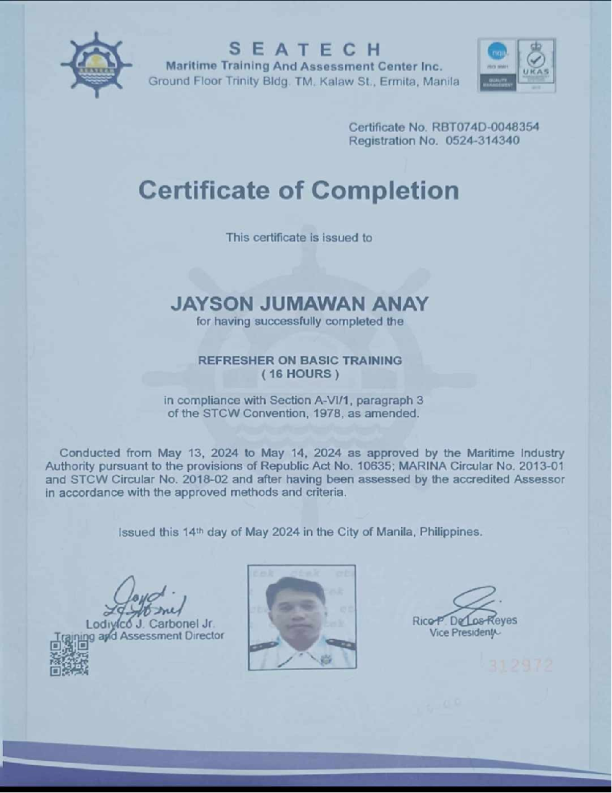 Certificate of Completion: Refresher on Basic Training (16 hrs) - Studocu