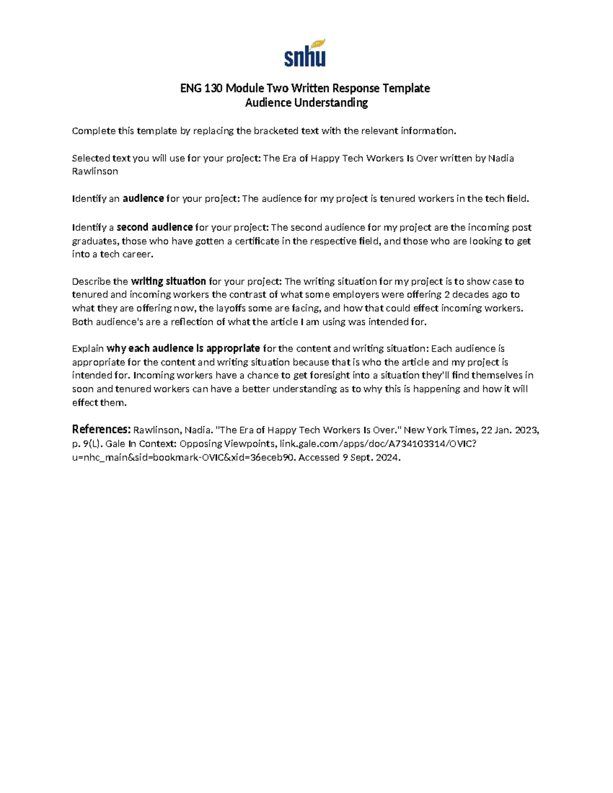 ENG 130 Module 2 Written Response: Audience Analysis Template - Studocu