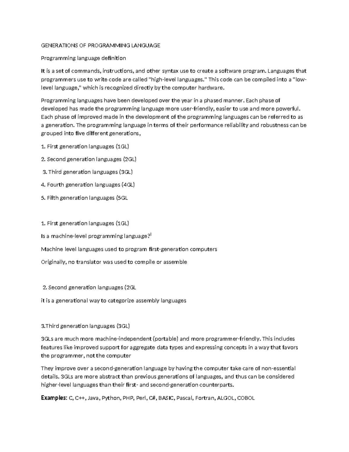 Generations OF Programming Language Assig - GENERATIONS OF PROGRAMMING ...